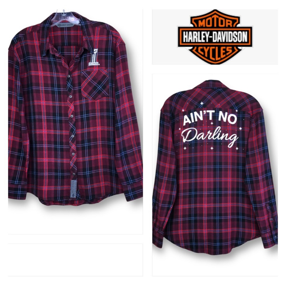 Harley Davidson “Ain’t No Darling” Graphic Plaid Flan… - Gem